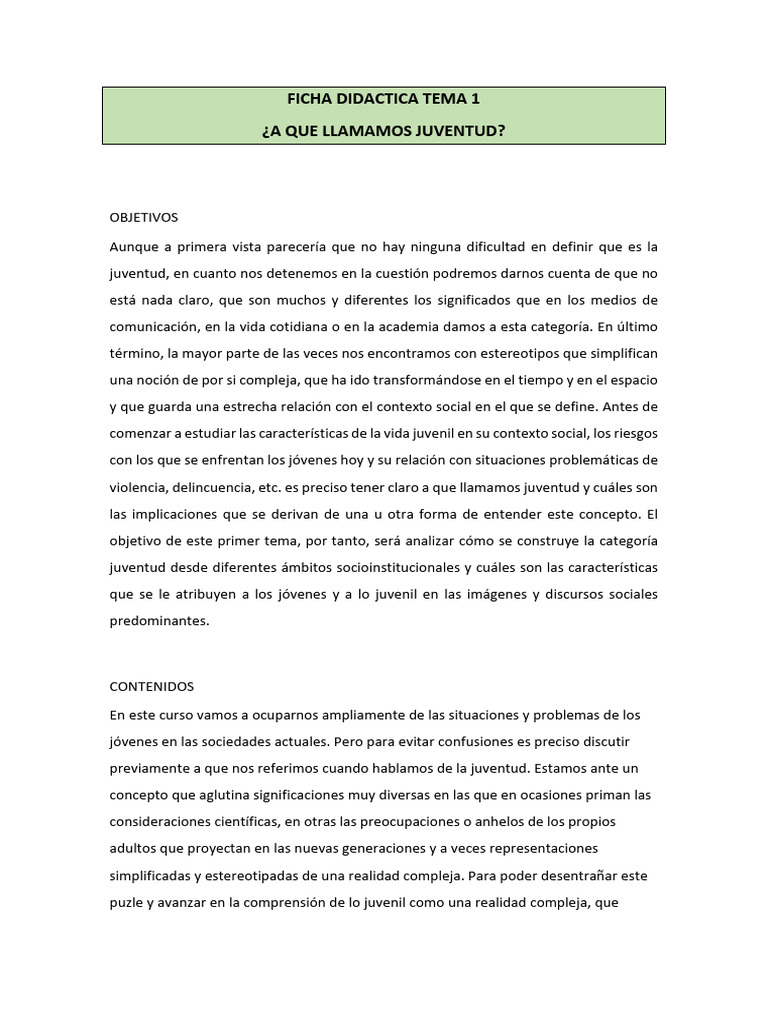 Ficha Didactica Jys Tema 1 | PDF | Juventud | Sociedad