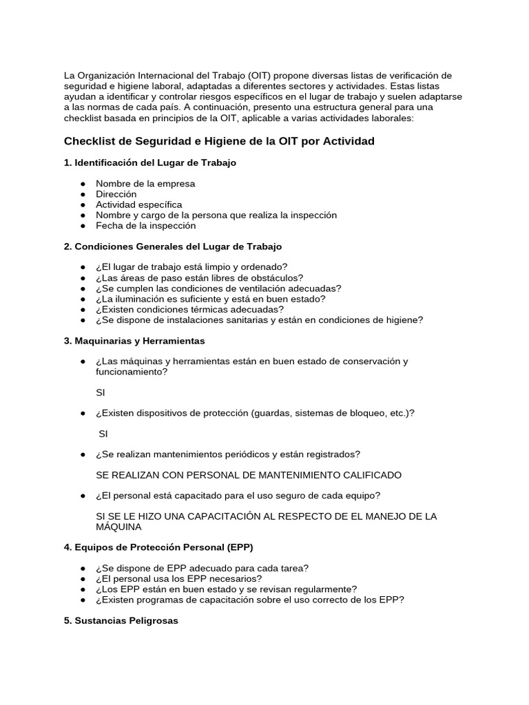 Checklist de Seguridad e Higiene de La OIT Por Actividad: 1. Identificación Del Lugar de Trabajo ...
