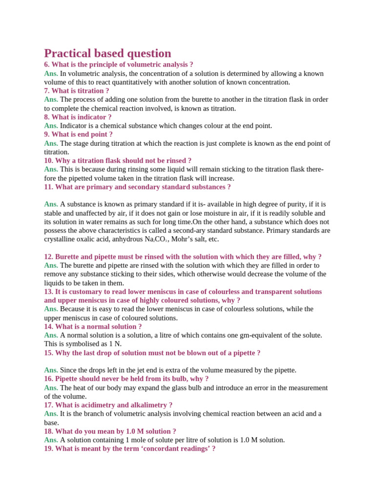 Practical Based Question | PDF | Titration | Chemistry