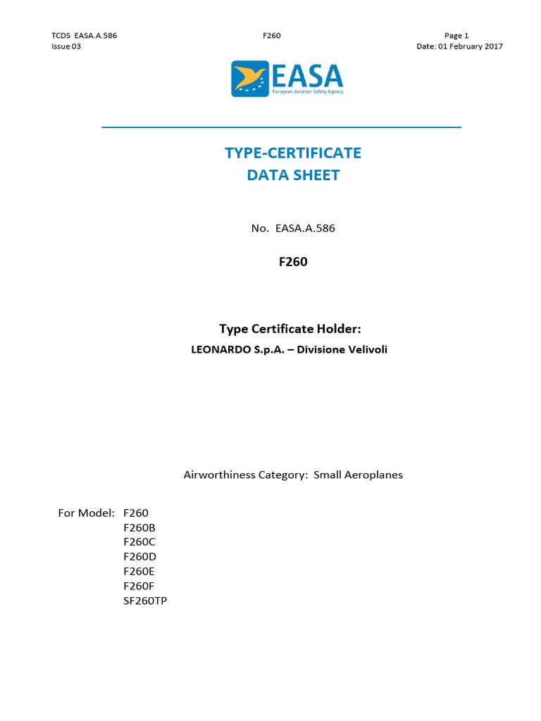 TCDS - EASA.A.586 - Leonardo - F260 - Issue 03 - 01022017 | PDF | Flight Control Surfaces ...