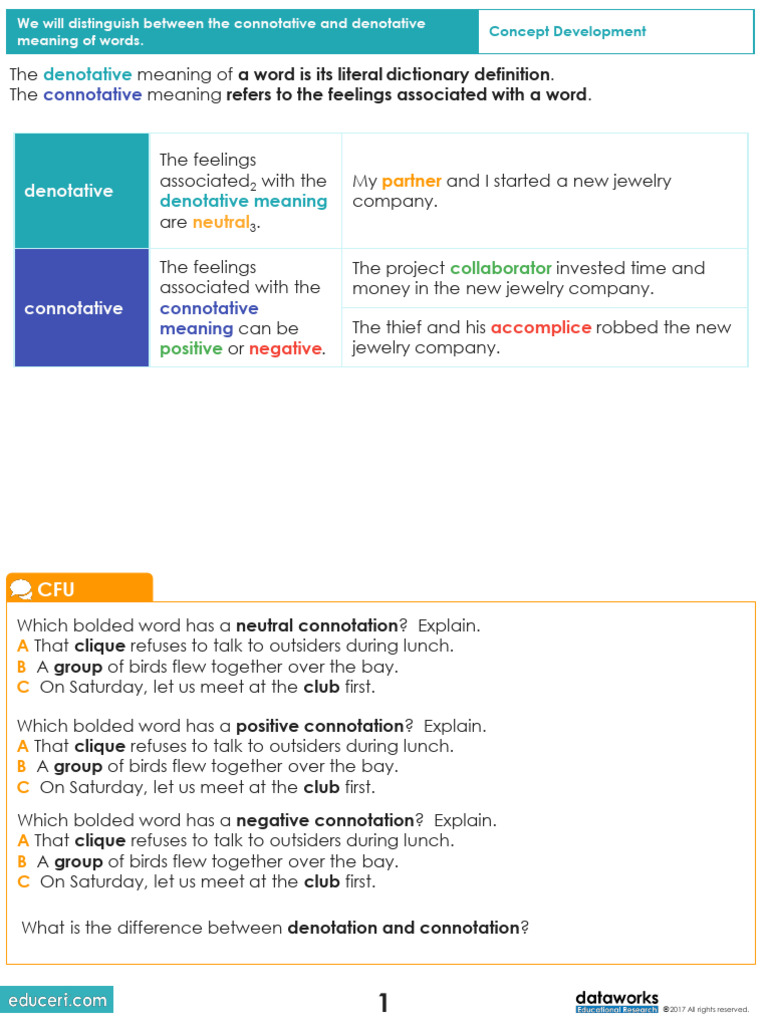 Distinguish Connotation and Denotation (L.8.5.C) | PDF | Connotation