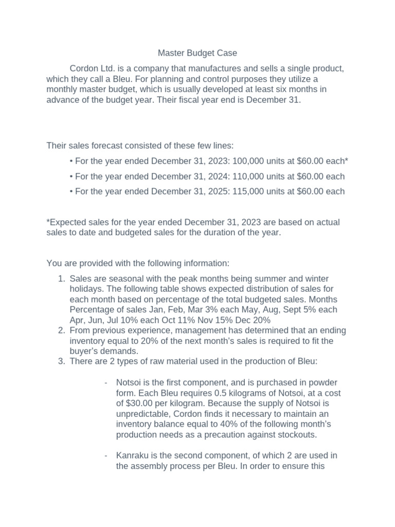 Monthly Master Budget for Cordon Ltd. | PDF | Expense | Financial Economics