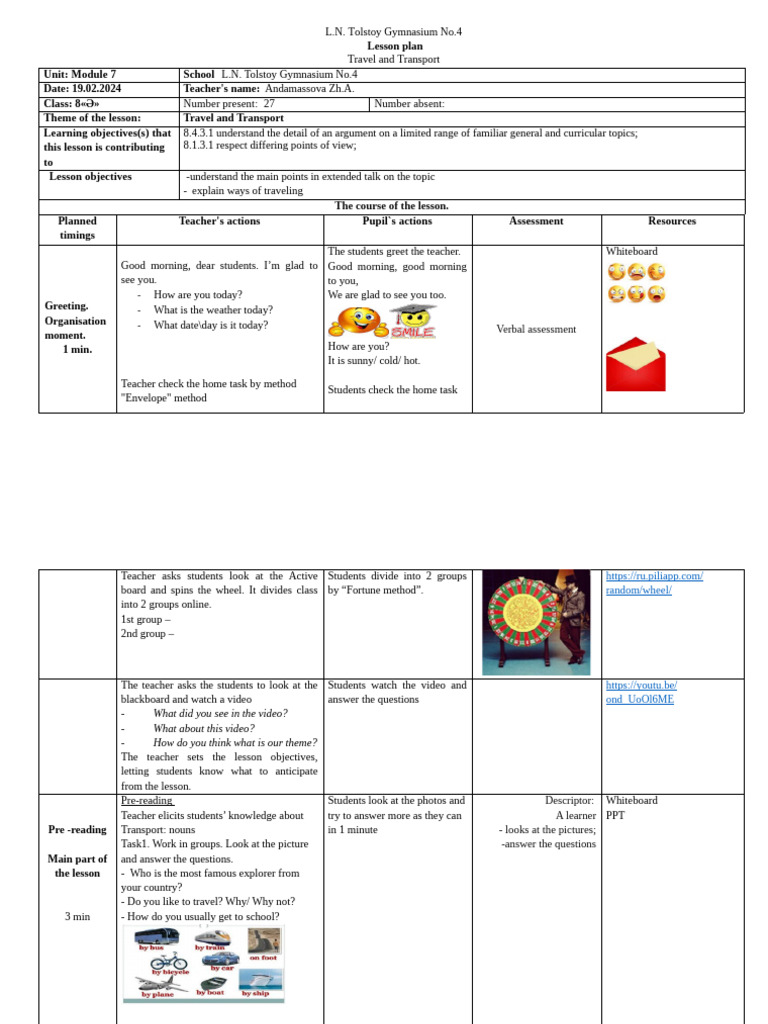 Travel and Transport Lesson Plan | PDF | Human Communication | Learning