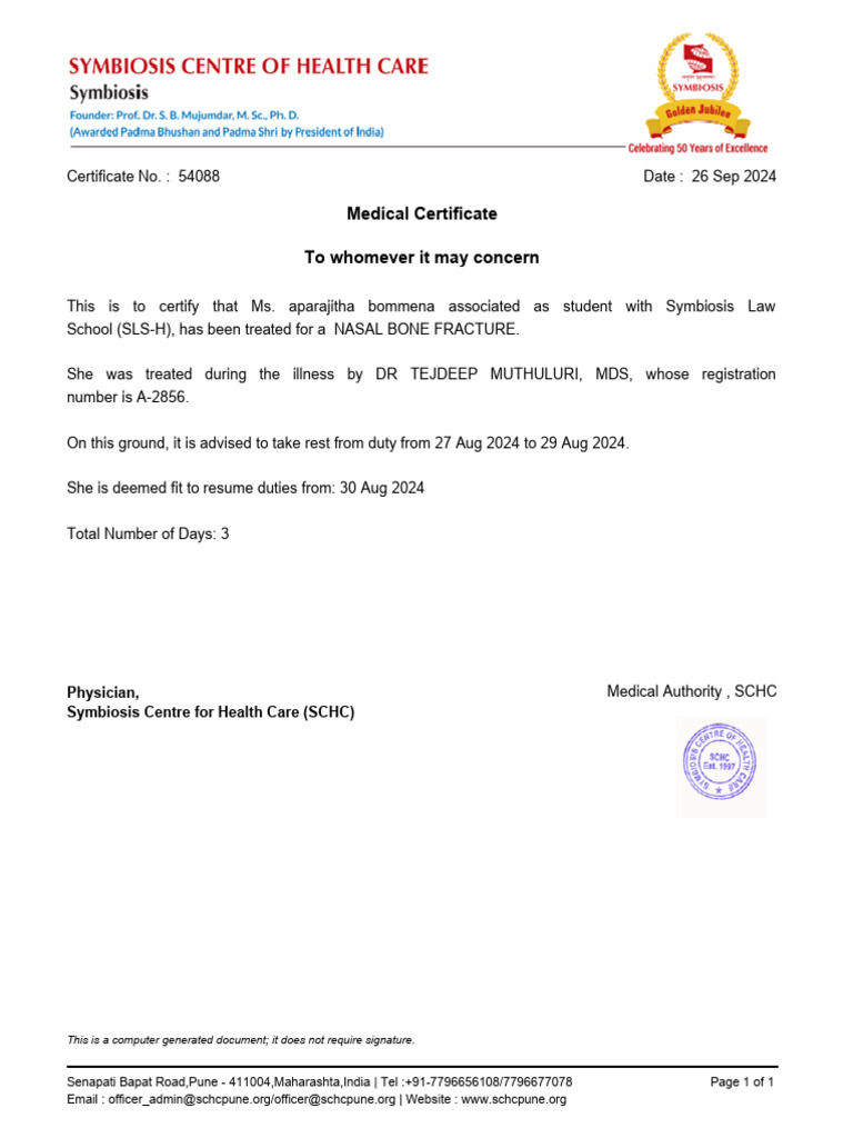 Medical Certificate for Nasal Fracture | PDF