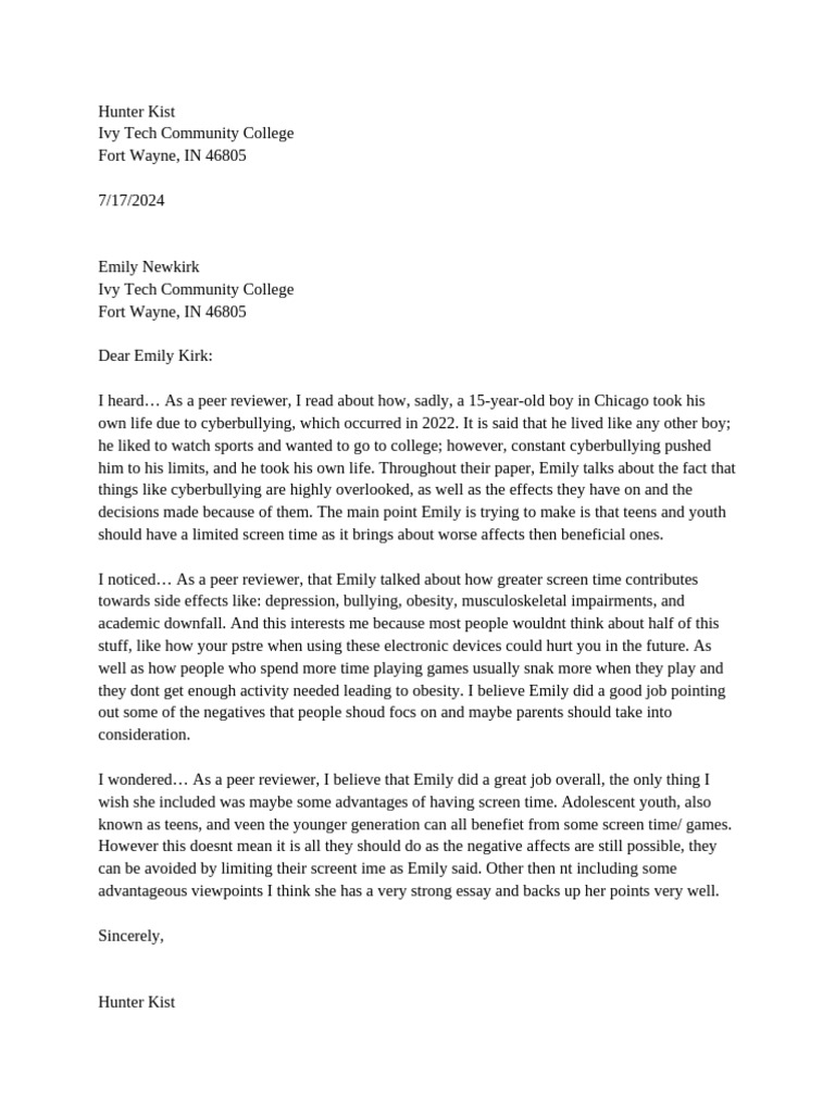 EKirk - Peer Response Professional Letter | PDF