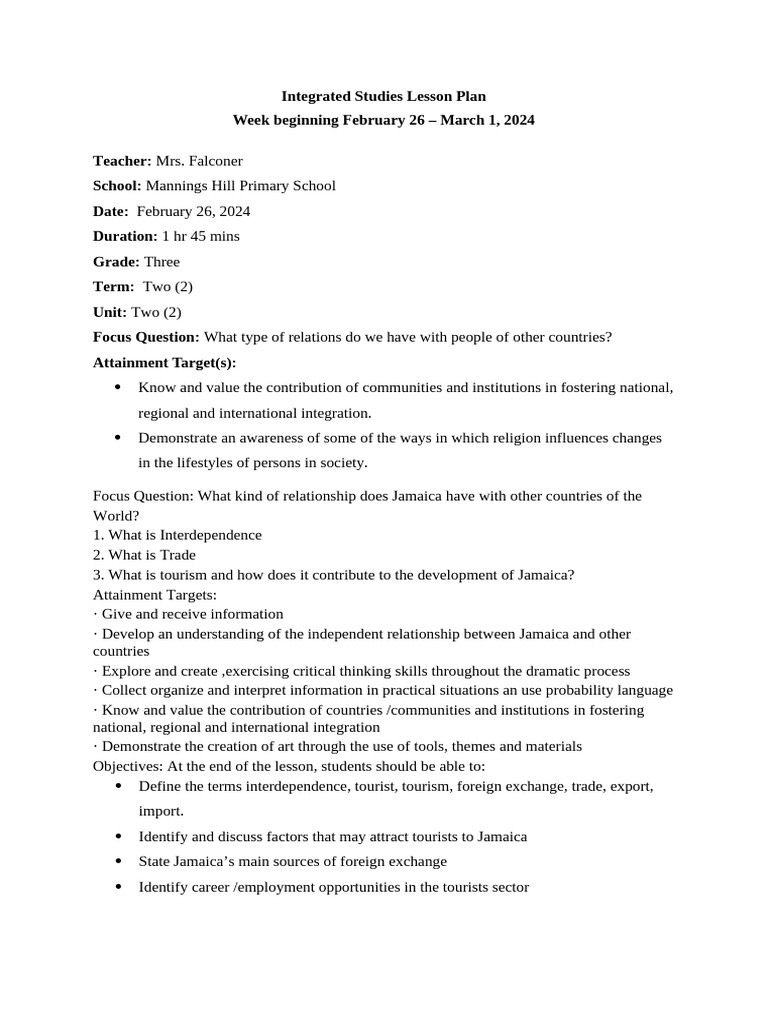 Grade 3 Integrated Studies: Jamaica's Relations | PDF | Jamaica