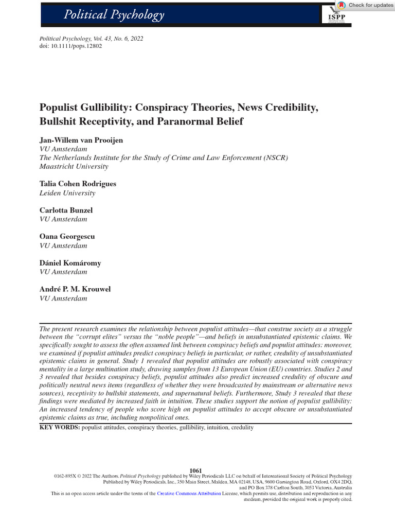 Political Psychology - 2022 - Prooijen - Populist Gullibility ...