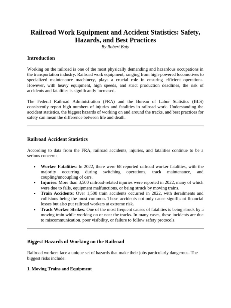 Railroad Work Equipment and Accident Statistics Safety, Hazards, and ...