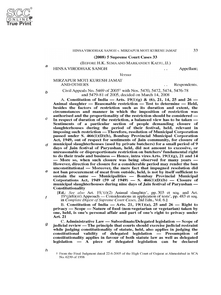 (2008) 5 SCC 33 - Hinsa Virrodhak Sangh | PDF
