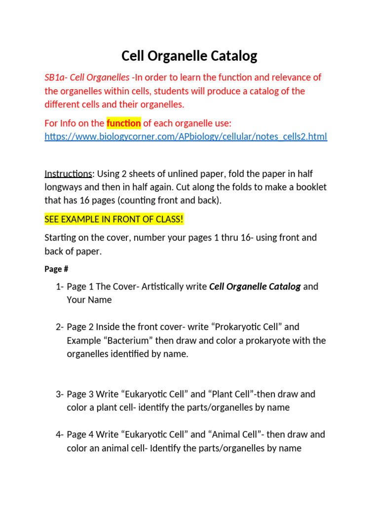 Cell Organelle Catalog Project Guide | PDF