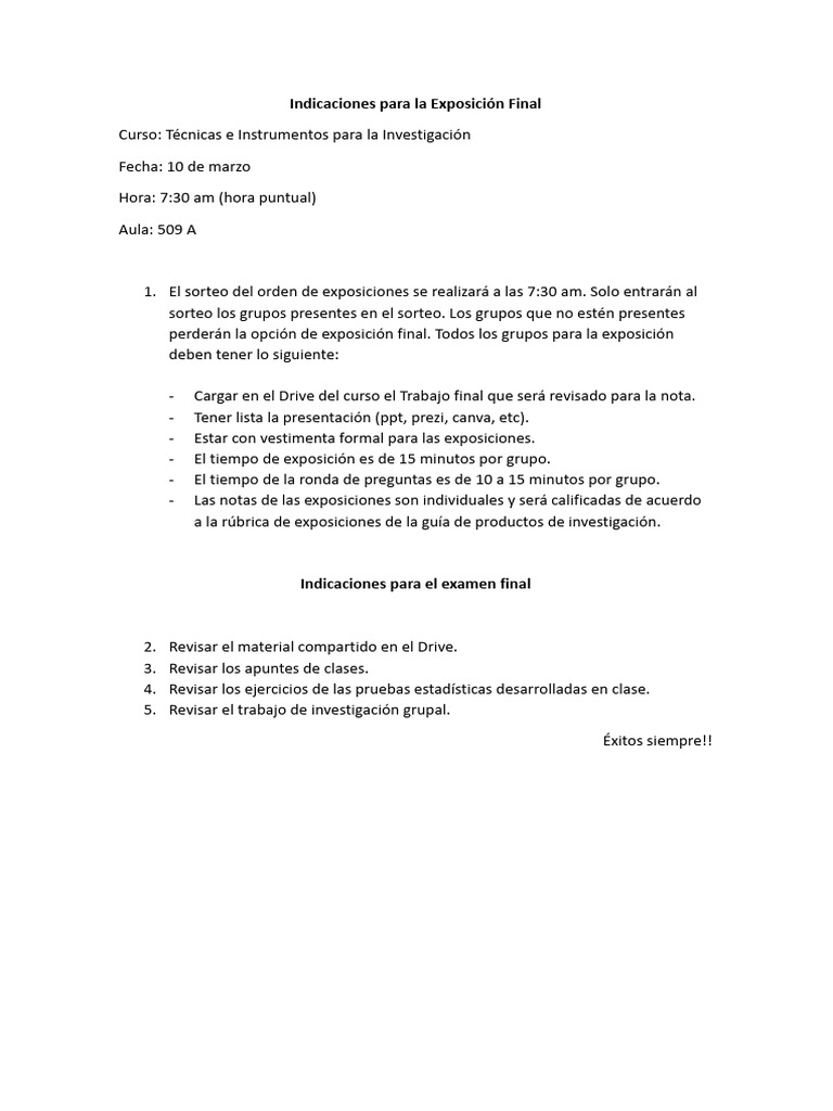 Indicaciones para Exposiciòn y Examen Final | PDF