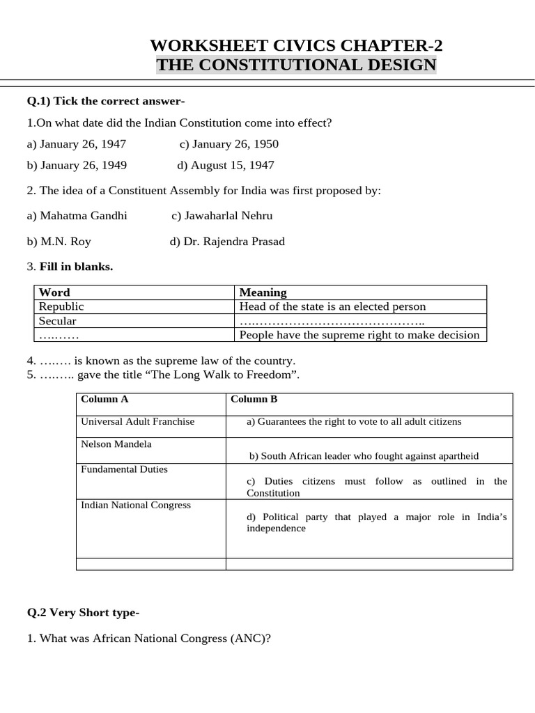 Worksheet Civics Class 9 CH 2 | PDF | Constitution | Legal Documents