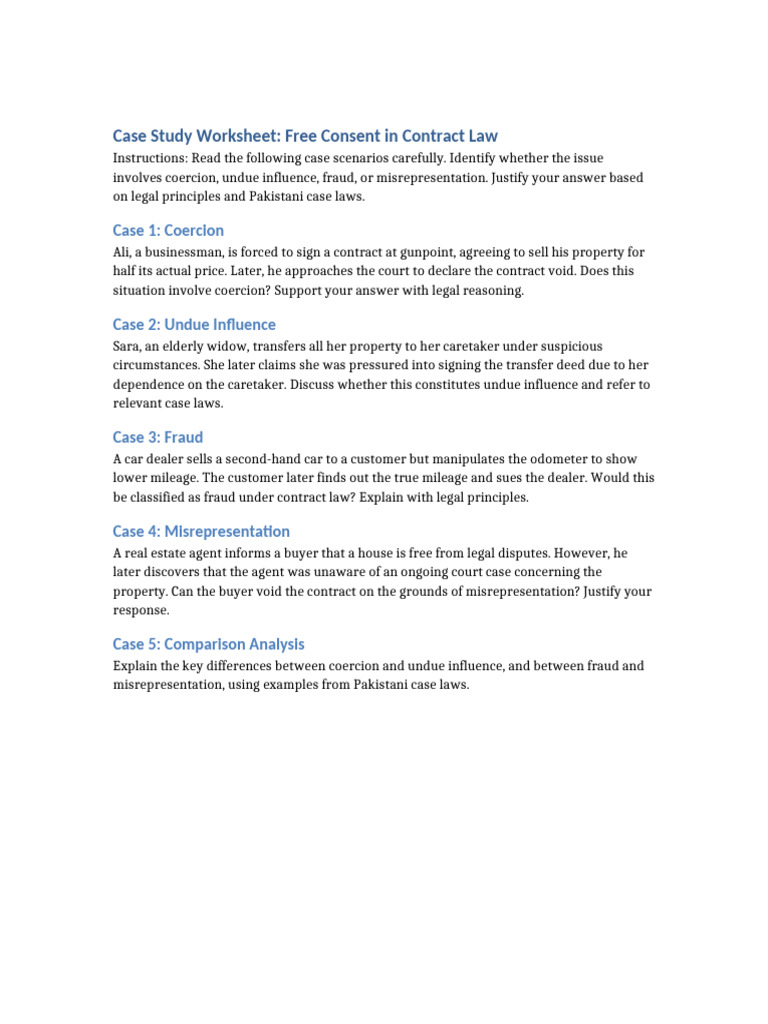 Free Consent Case Study Worksheet | PDF