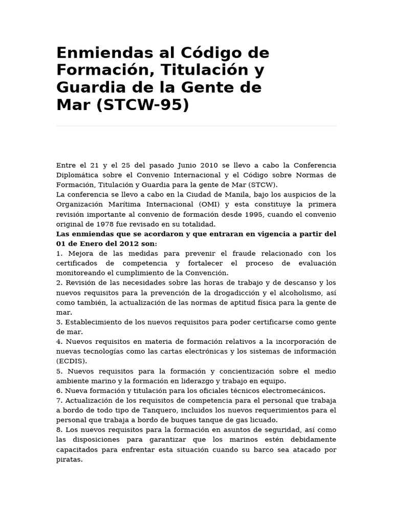 Enmiendas STCW-95: Nuevas Normas Marítimas | PDF