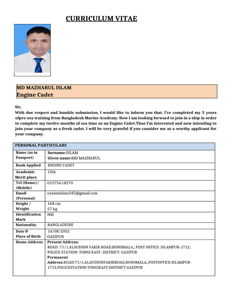 Engine Cadet CV of MD Mazharul Islam | PDF