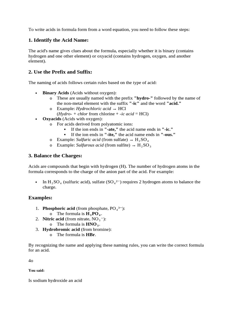 To Write Acids in Formula Form From A Word Equation | PDF | Hydroxide ...