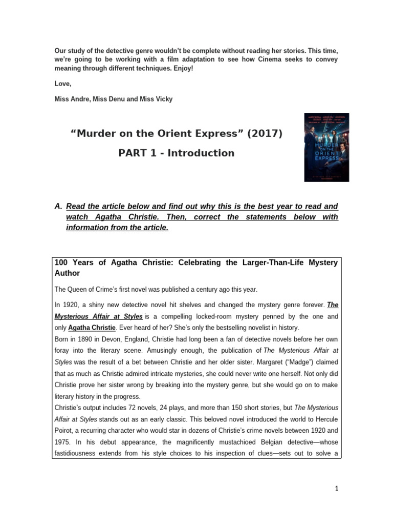 Murder On The Orient Express - Part 1 | PDF | Agatha Christie | Hercule ...