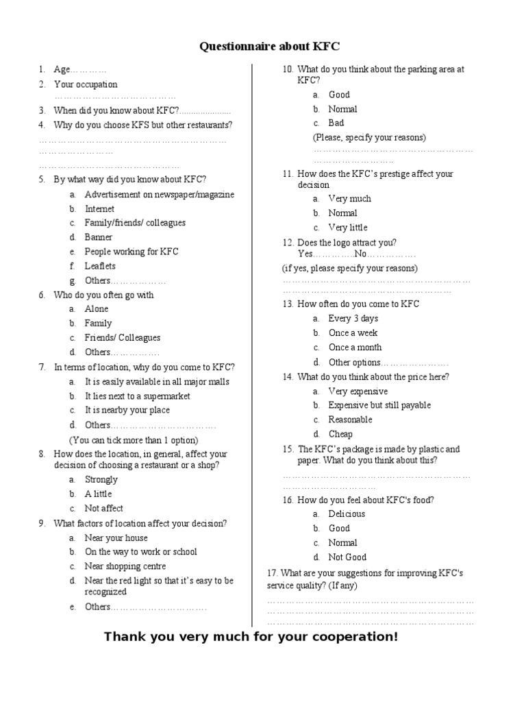 Questionnaire About KFC: Thank You Very Much For Your Cooperation! | PDF