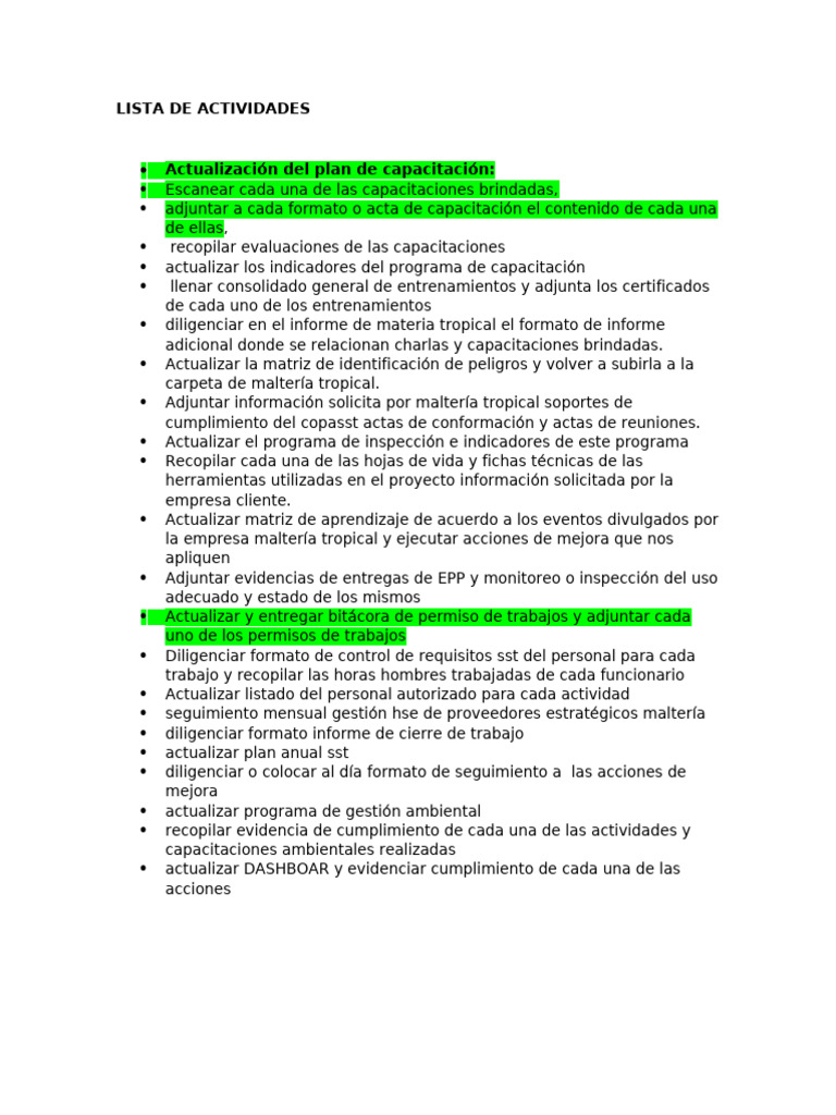 LISTA DE ACTIVIDADES | PDF
