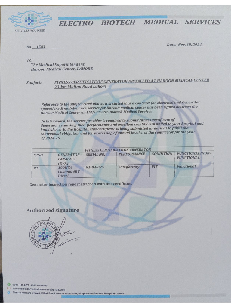 Generator Fitness Certificate | PDF