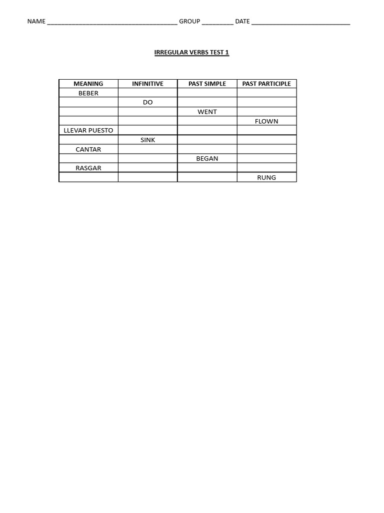 Irregular Verbs Test 1 | PDF