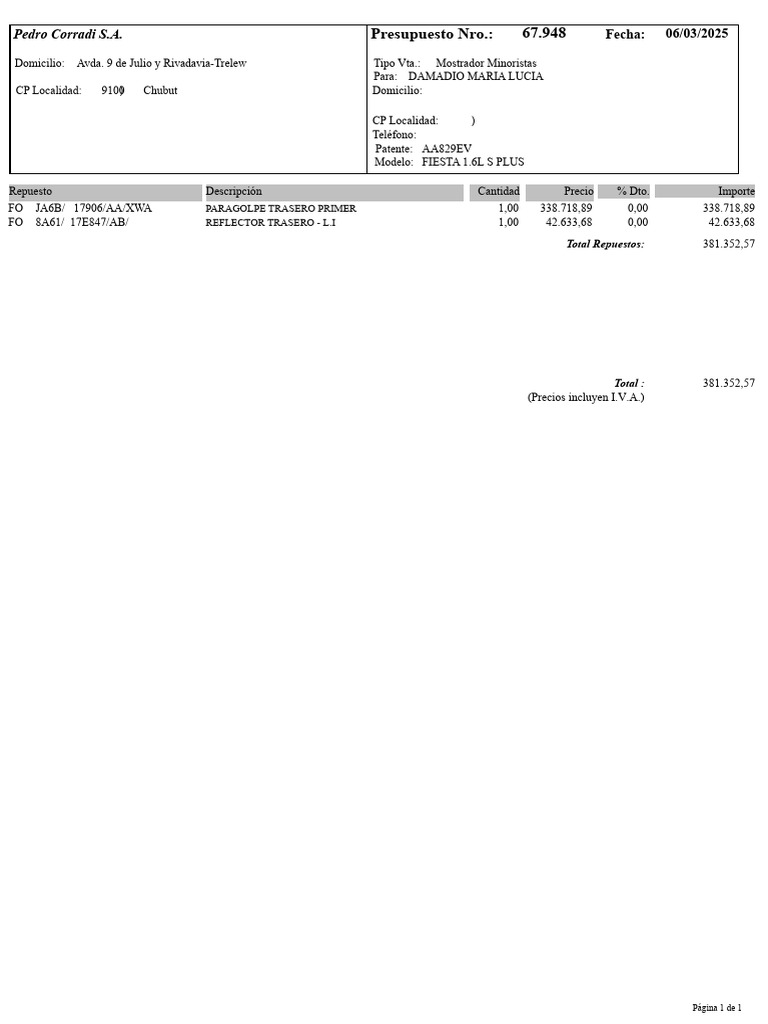 Presupuesto Nro.: 67.948: Pedro Corradi S.A | PDF