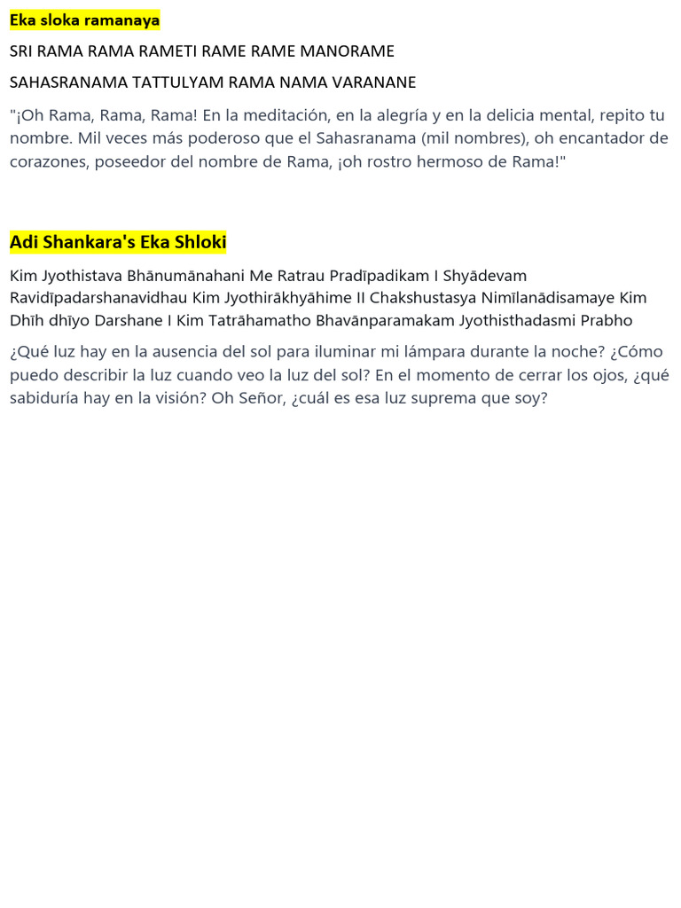 Eka Sloka Ramanaya, Gita, Bhagavatam, Shankara's | PDF | Filosofía india