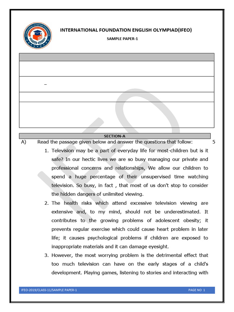 IFEO Class 11 Y19 SamplePaper | PDF