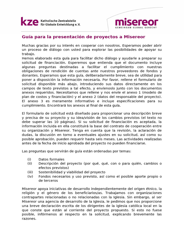 Guia para La Presentacion de Proyectos A Misereor | PDF | Sustentabilidad