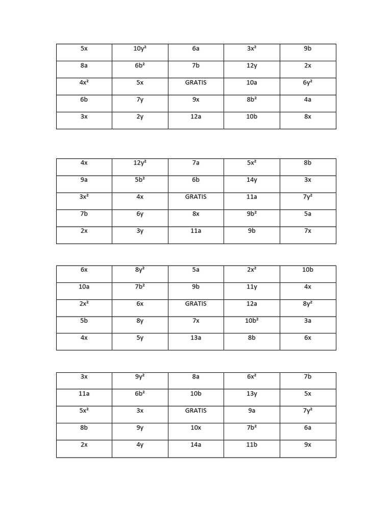 Bingo de Operaciones Con Monomios | PDF