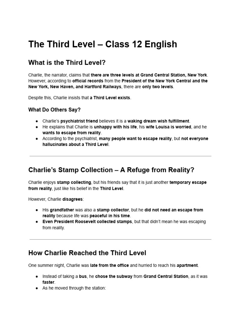 The Third Level - Class 12 English | PDF