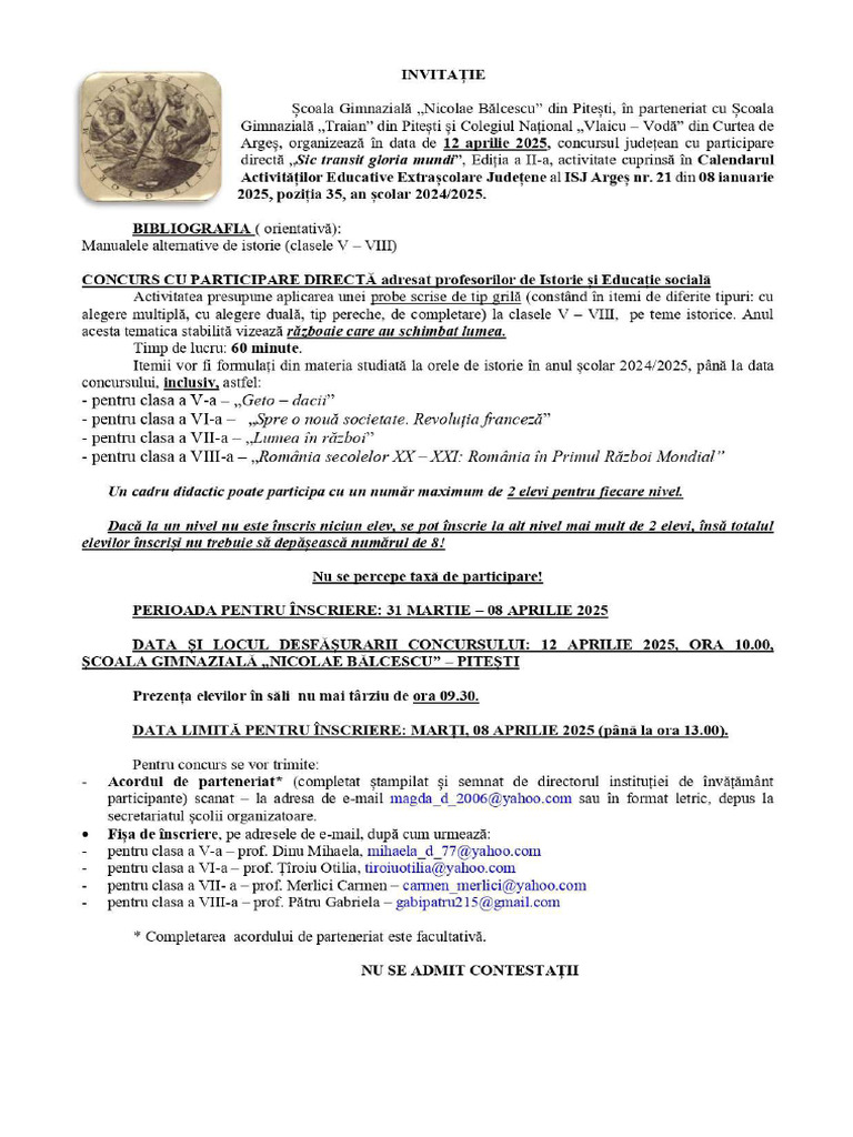 INVITAȚIE Concurs Sic Transit Gloria Mundi" - 2024 - 2025 | PDF