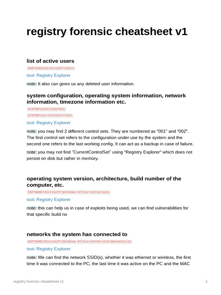 Registry Forensic Cheatsheet v1 | PDF | Windows Registry | Computer Network