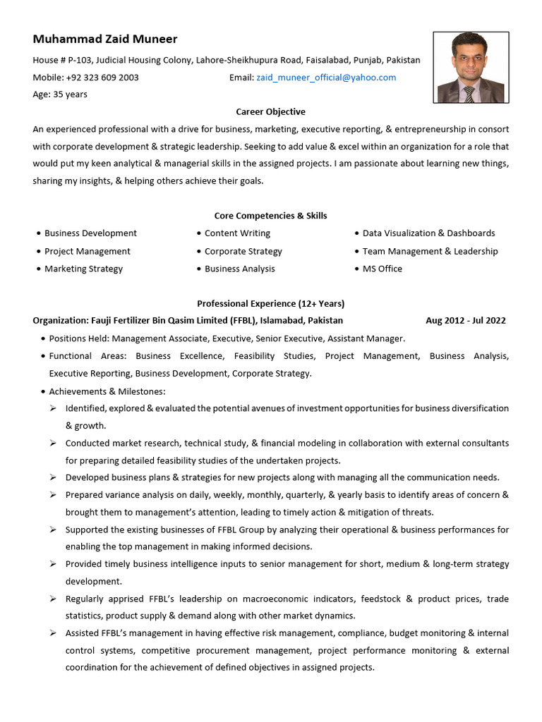 Muhammad Zaid Muneer CV | PDF | Strategic Management | Project Management