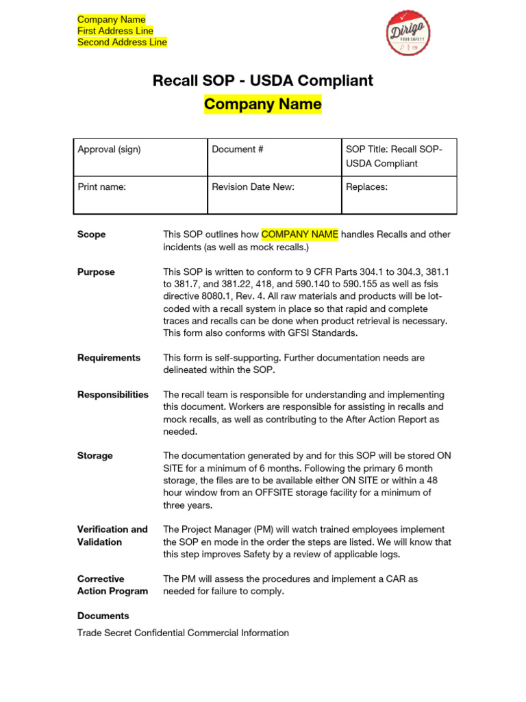 Recall SOP (USDA Compliant) - MASTER | PDF | Retail | Receipt