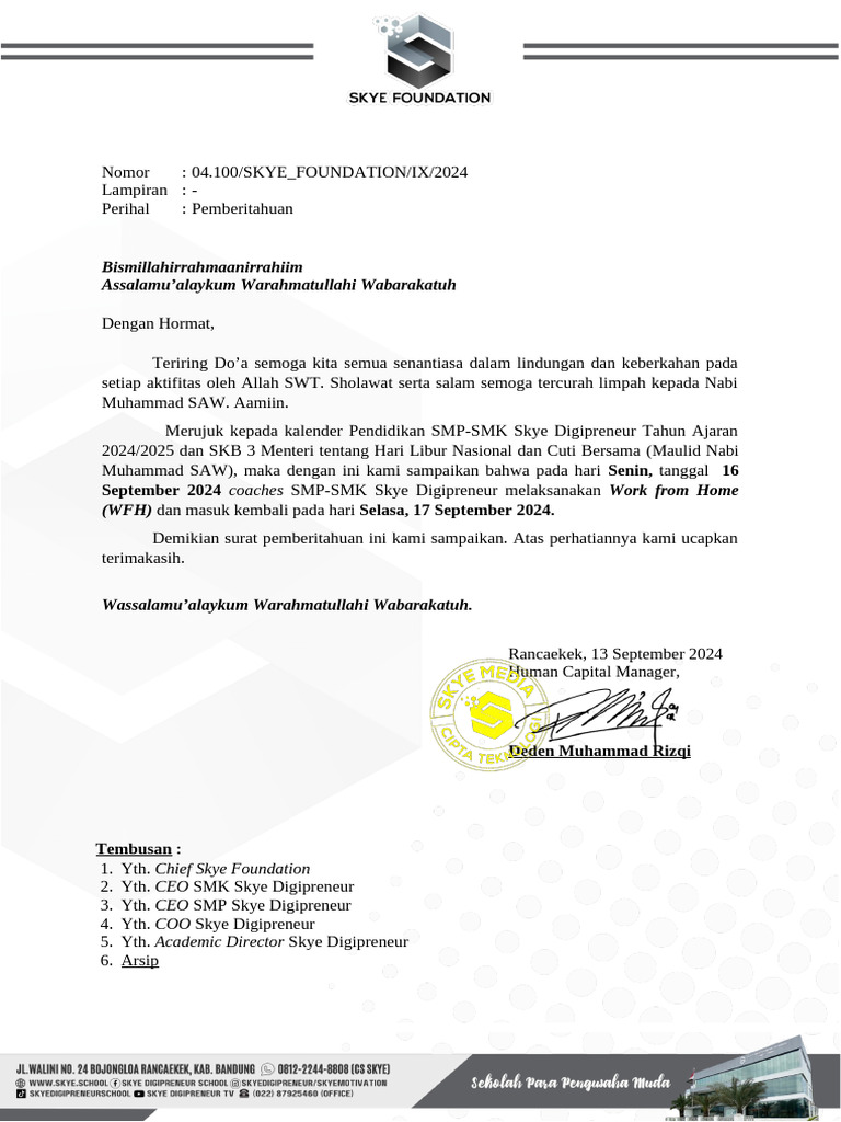 Surat Pemberitahuan WFH Coach | PDF