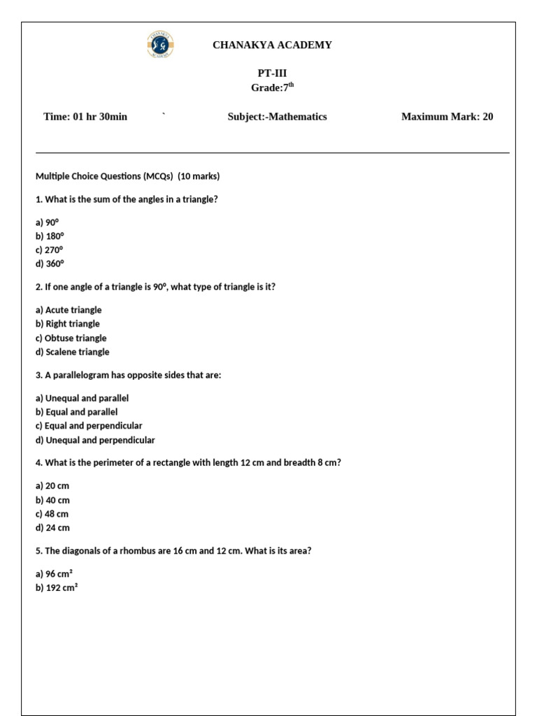 7th Grade Math Assessment Questions | PDF