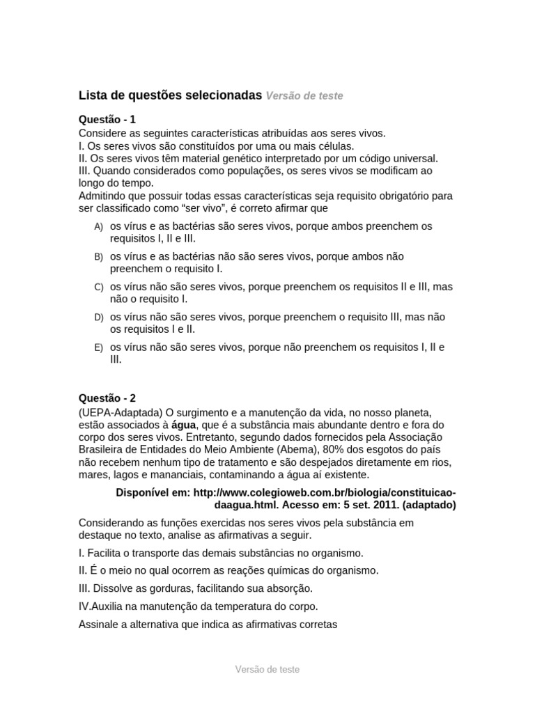Lista Questoes Selecionadas 10-03-2025 04h19min | PDF | Neurônio | Célula (Biologia)