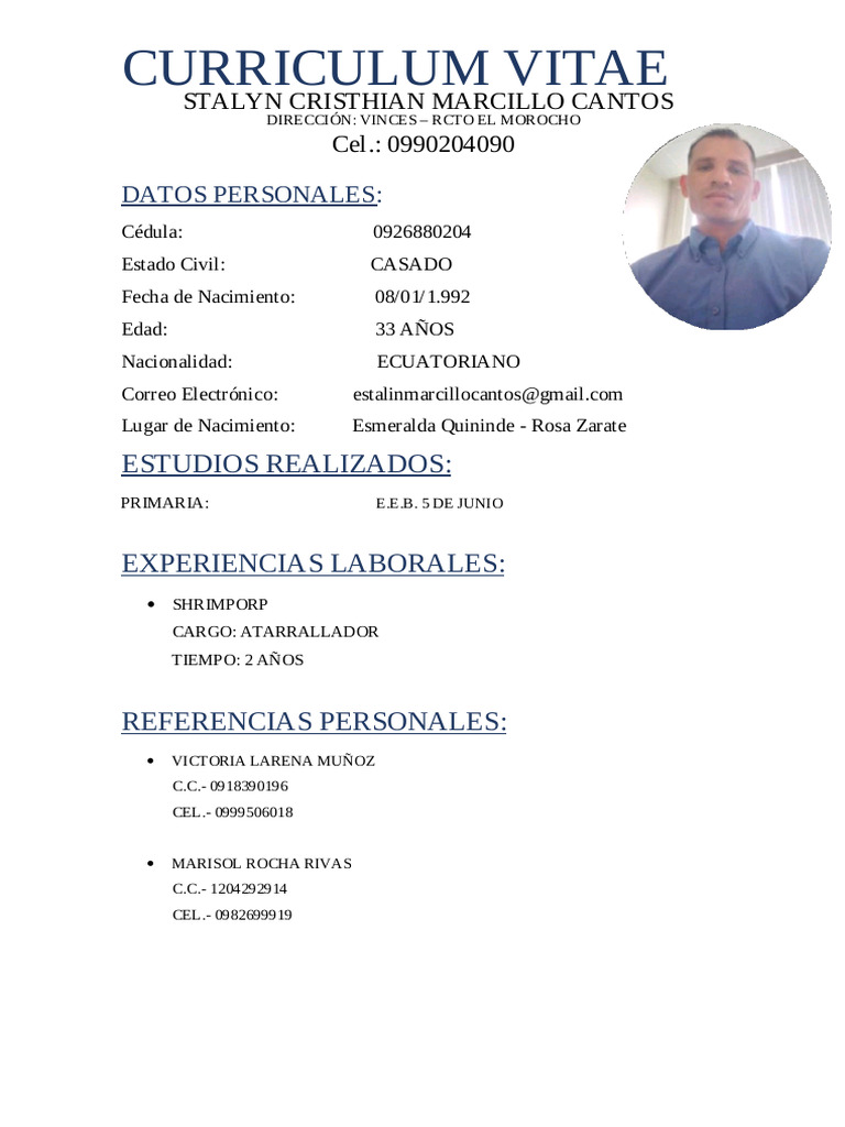 Curriculum Vitae Stalyn Marcillo Cantos | PDF
