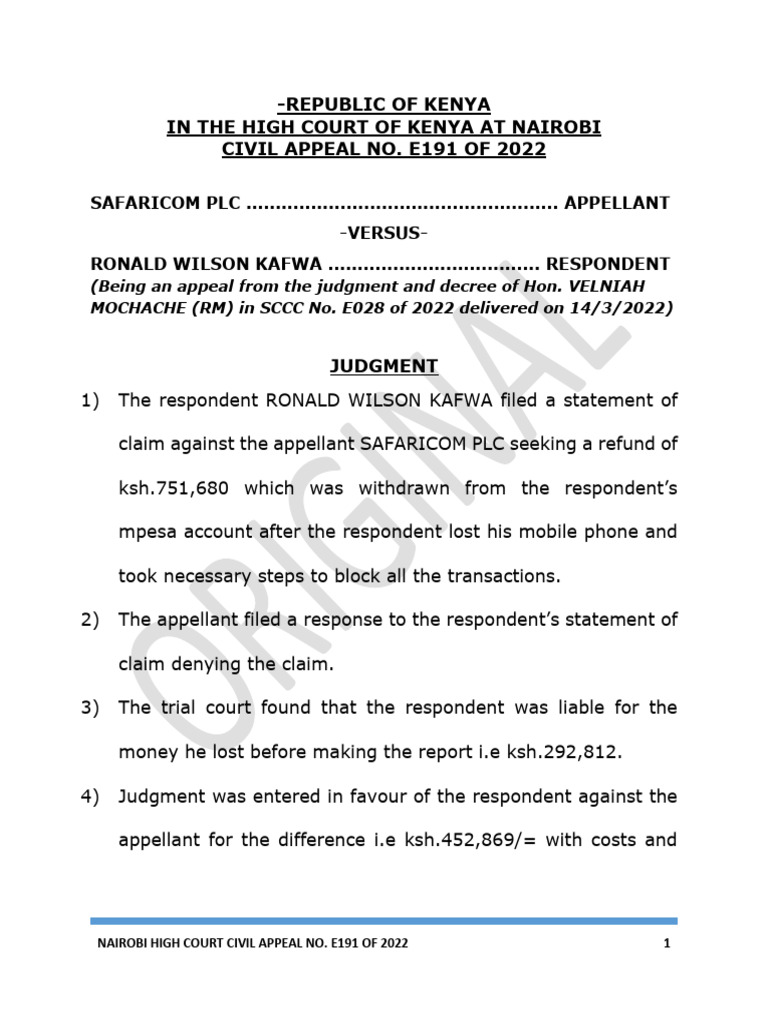 Safaricom PLC V Kafwa (Civil Appeal E191 of 2022) (2023) K | PDF | Legal Liability | Negligence