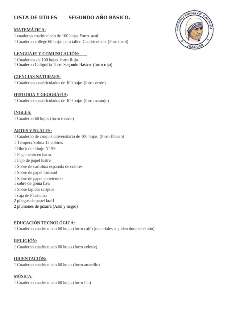 2°LISTA DE ÚTILES Y LECTURA COMPLEMENTARIA segundo básico (2) | PDF | Tecnicas artisticas ...