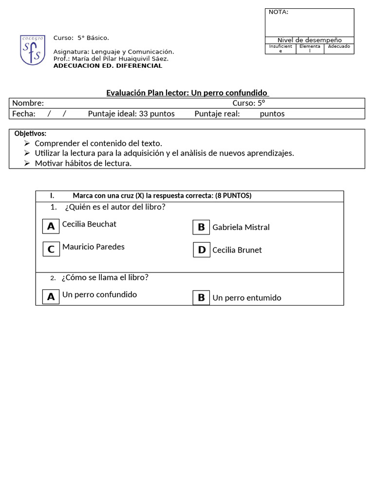 Prueba Plan Lector - Un Perro Confundido | PDF | Aprendizaje