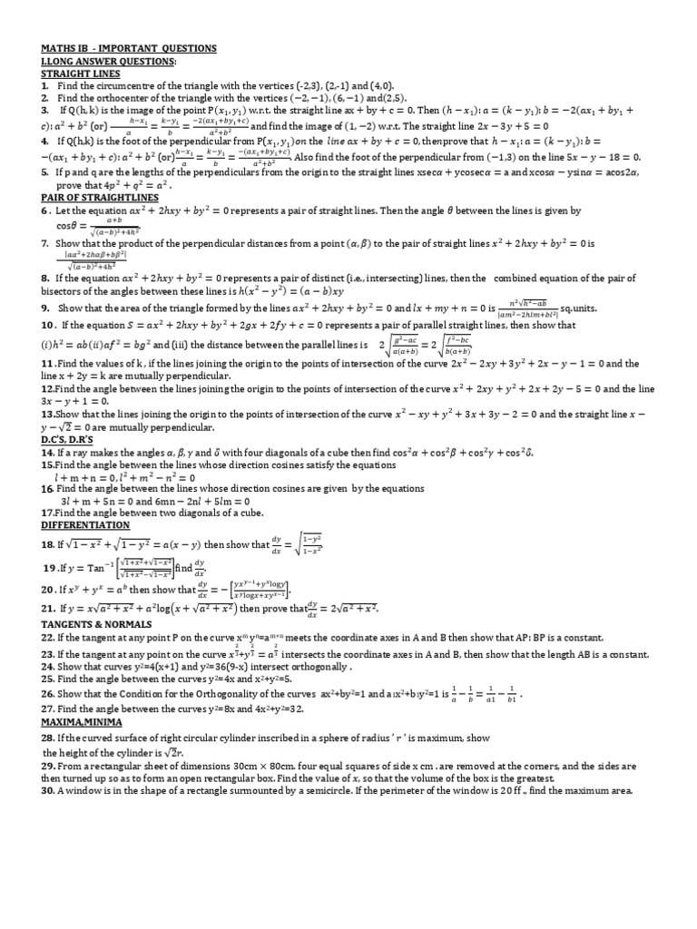 JR - MPC Ib Important Questions 1 | PDF | Line (Geometry) | Area