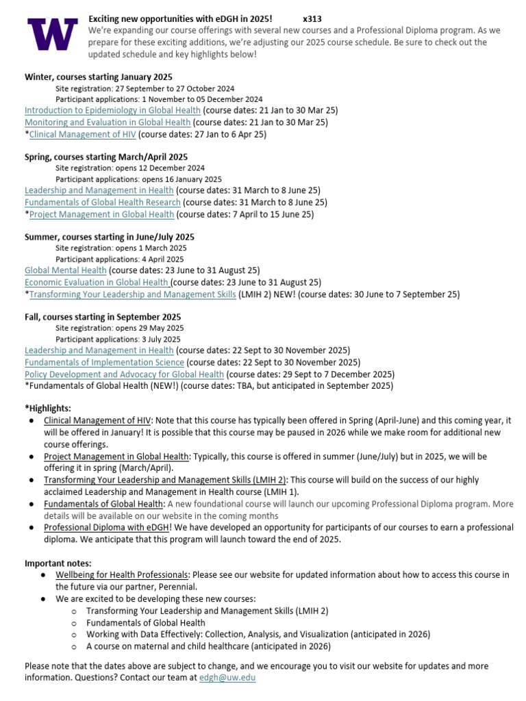 eDGH 2025 Course Offerings Update | PDF | Global Health | Health Sciences