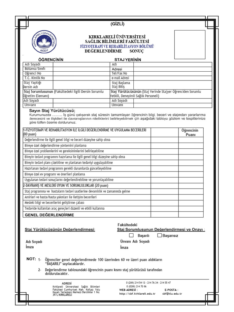 FTR Bolumu Staj Evraklari | PDF