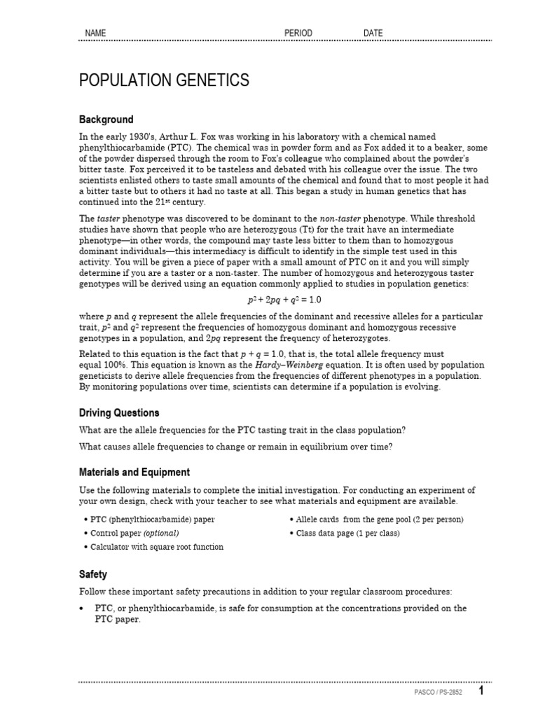 PTC Tasting Trait Population Genetics Lab | PDF | Zygosity | Dominance (Genetics)