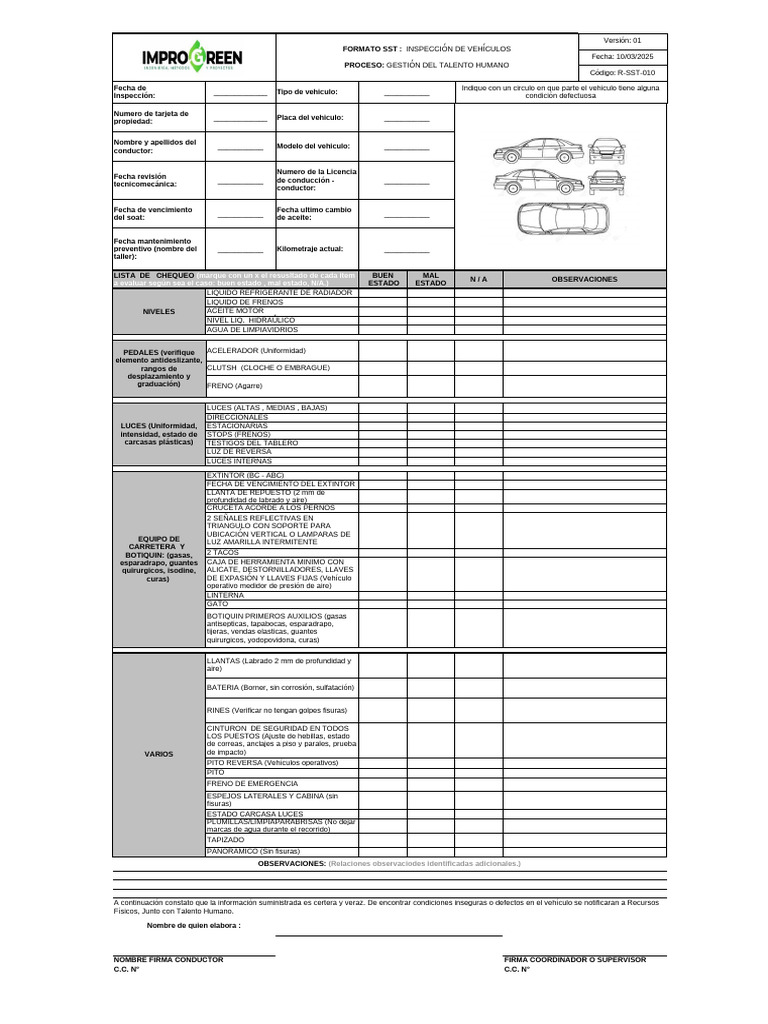 Inspección de Vehículos: Formato SST | PDF | Estilos de carrocería ...