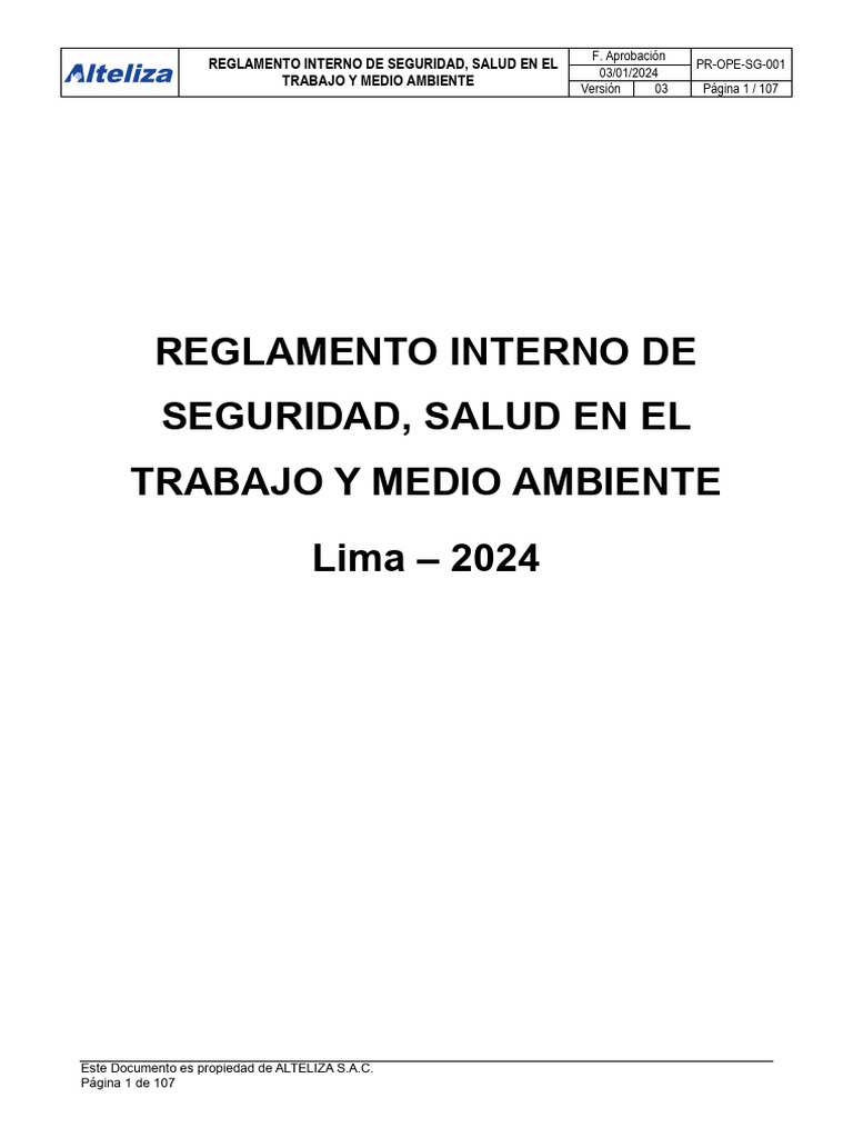 RS-SIG-001 Reglamento Interno de Seguridad, Salud en El Trabajo y de Medio Ambiente 2024 | PDF ...