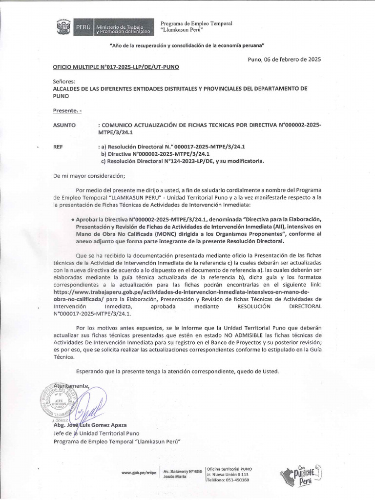 OFICIO MULTIPLE N°017-2025 Sobre Actualizacion de Fichas Tecnicas | PDF