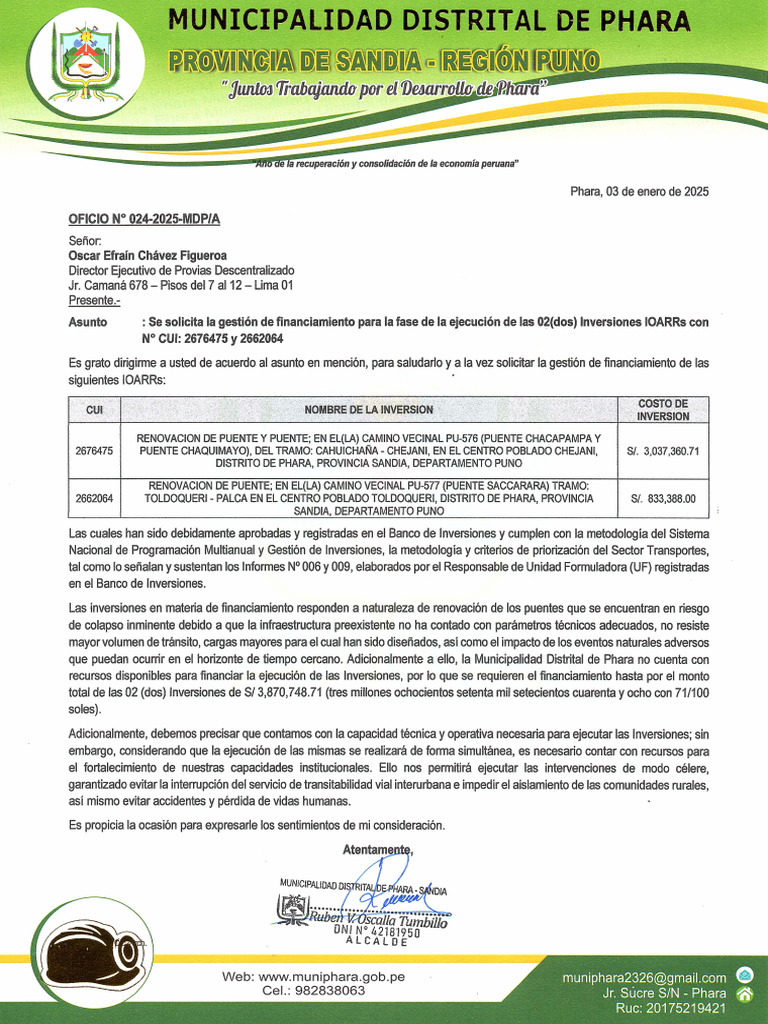 Oficio N 024-2025-MDP | PDF | Transporte